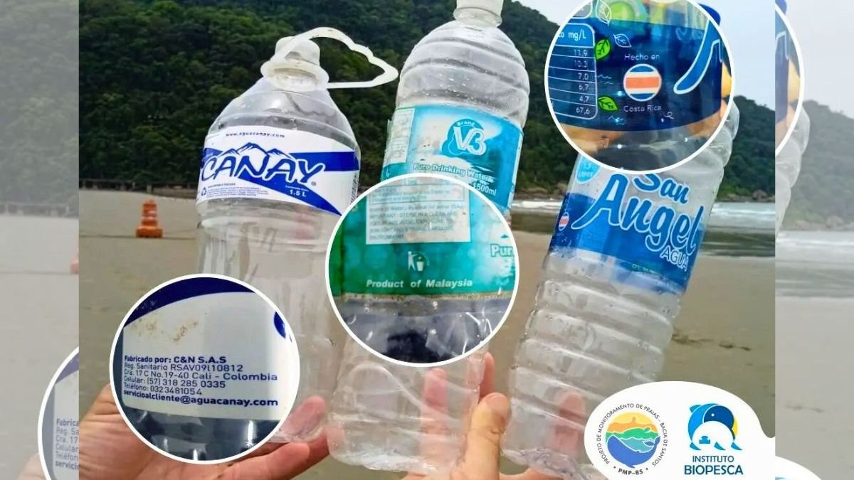 Garrafas plásticas de outros países são encontradas no litoral de SP